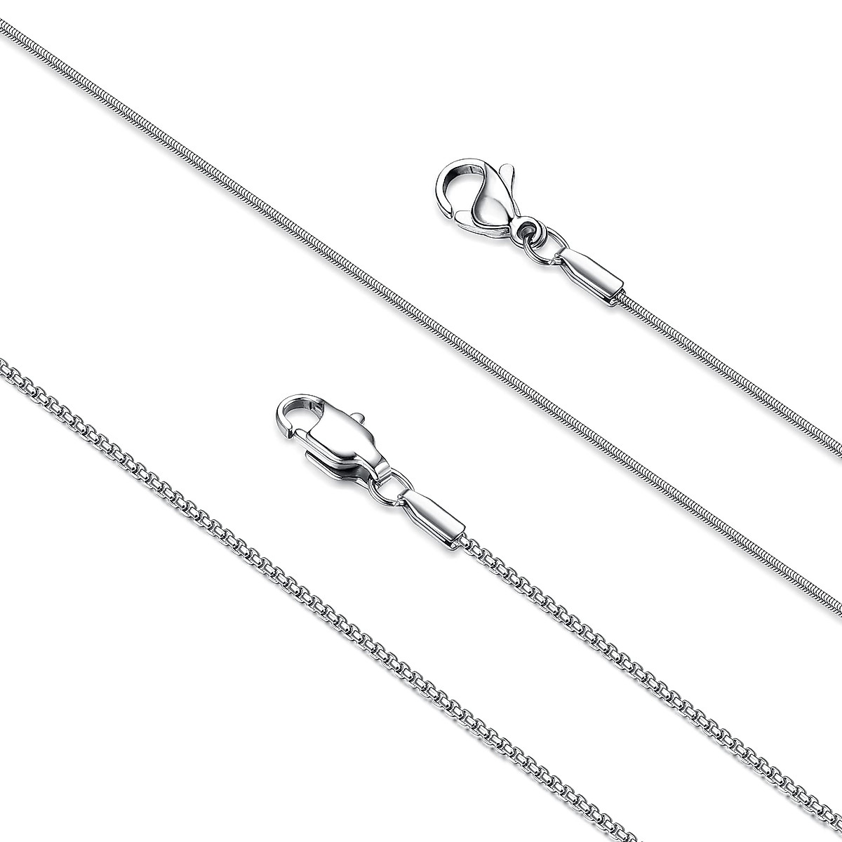 LOLIAS 2 Pcs Stainless Steel 1mm Round Snake Chain Box Chain Necklace Super Thin & Strong,20 Inch