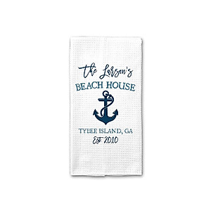 CANARY ROAD Personalized Beach House Kitchen Towel, Personalized Beach House Tea Towel, Family Name, Beach Kitchen Decor, Waffle Weave Towel, Coastal Gift, Beach Housewarming