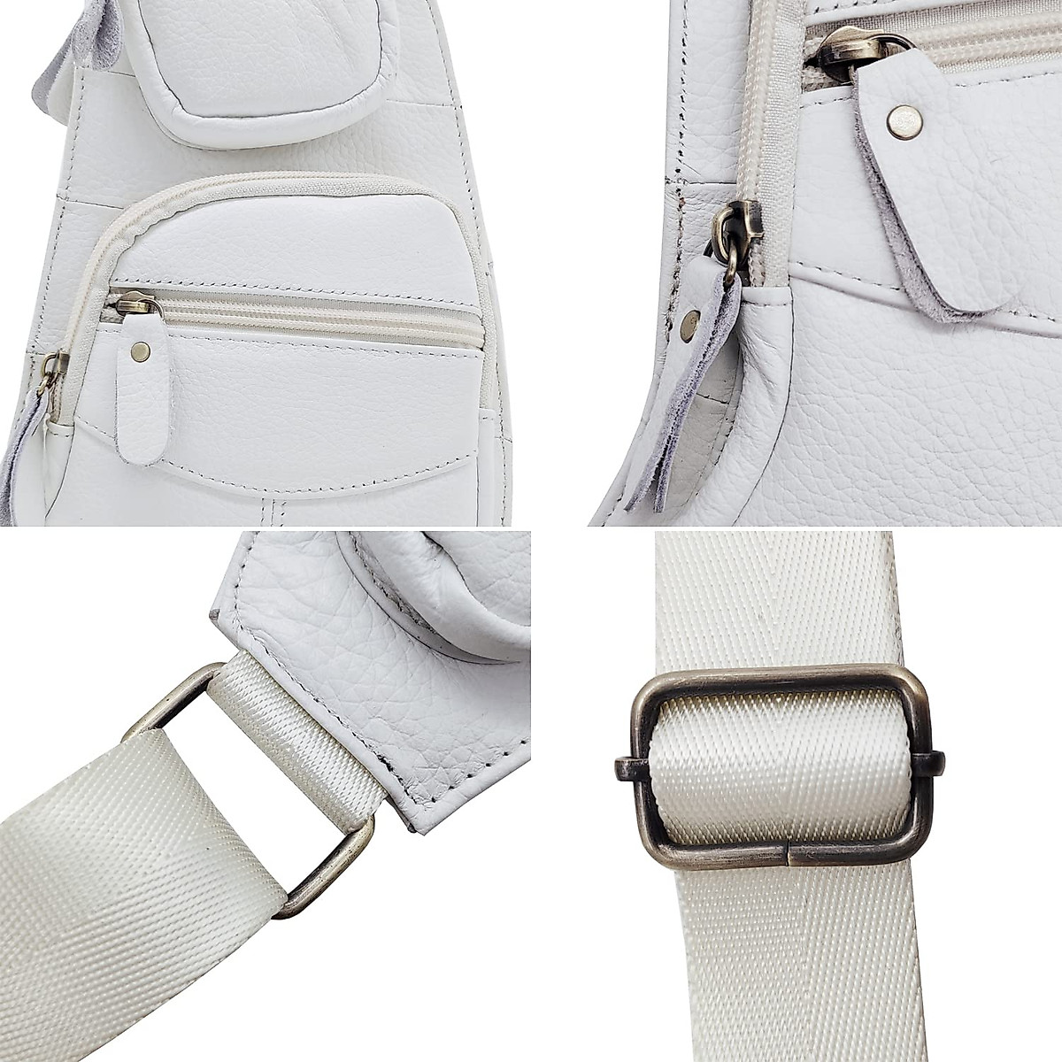 Hebetag Small Leather Sling Bag Casual Crossbody Daypack for Men Women Outdoor Travel Camping Hiking Fishing Shoulder Chest Pack Backpack (White)