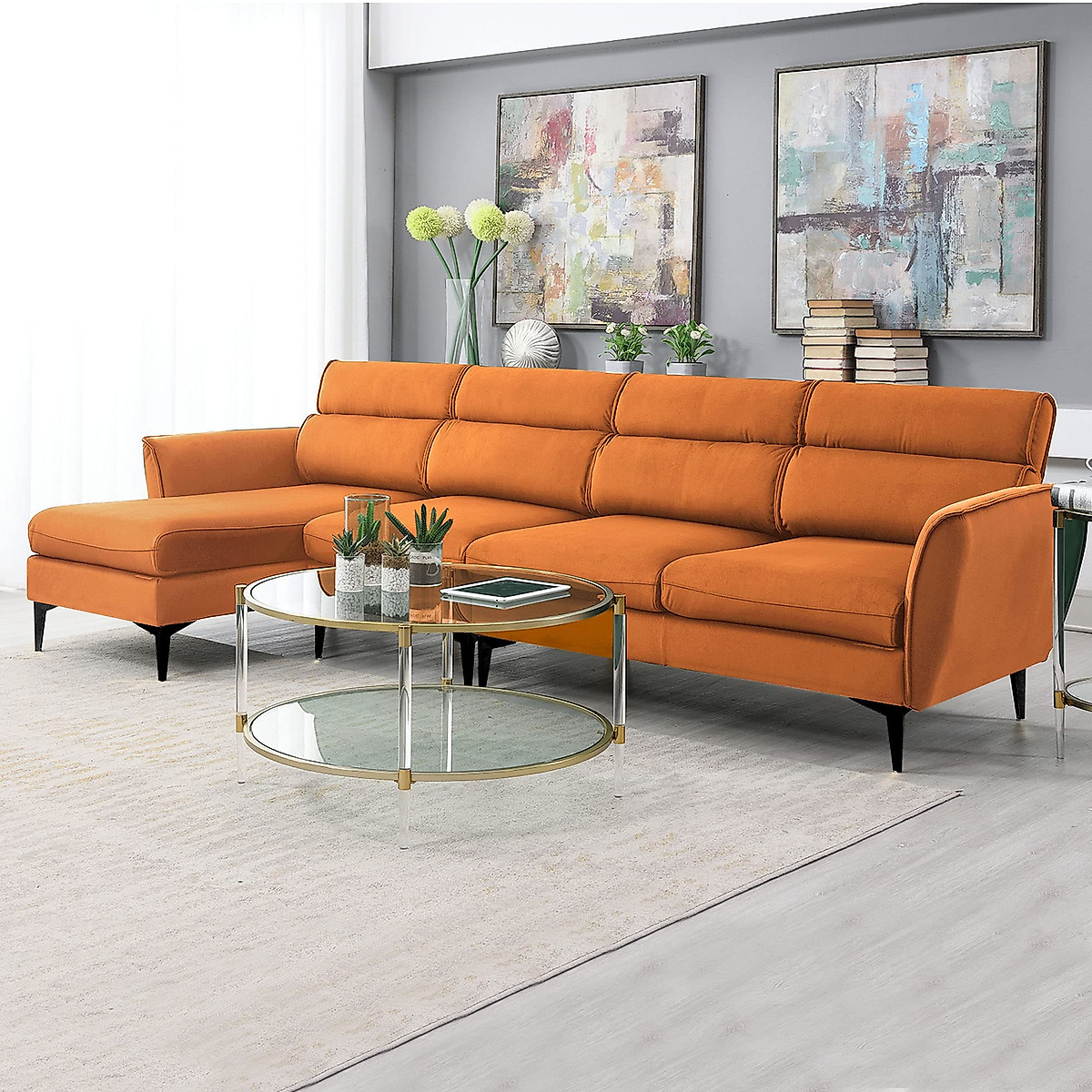 POCIYIHOME 111" Convertible Sectional, Flannel L Shape Upholstered Living Room Couch with Left/Right Facing Handed, 5 Seats Indoor Modular Sofa Chaise for Office,Apartment, Metal Leg, Orange