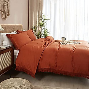 Smoofy Queen Duvet Cover Terracotta Duvet Cover Queen Size, 3 Pieces Bohemian Fringe Tufted Soft Tassel Microfiber Burnt Orange Duvet Cover with Zipper Closure (1 Rust Duvet Cover, 2 Pillowcases)