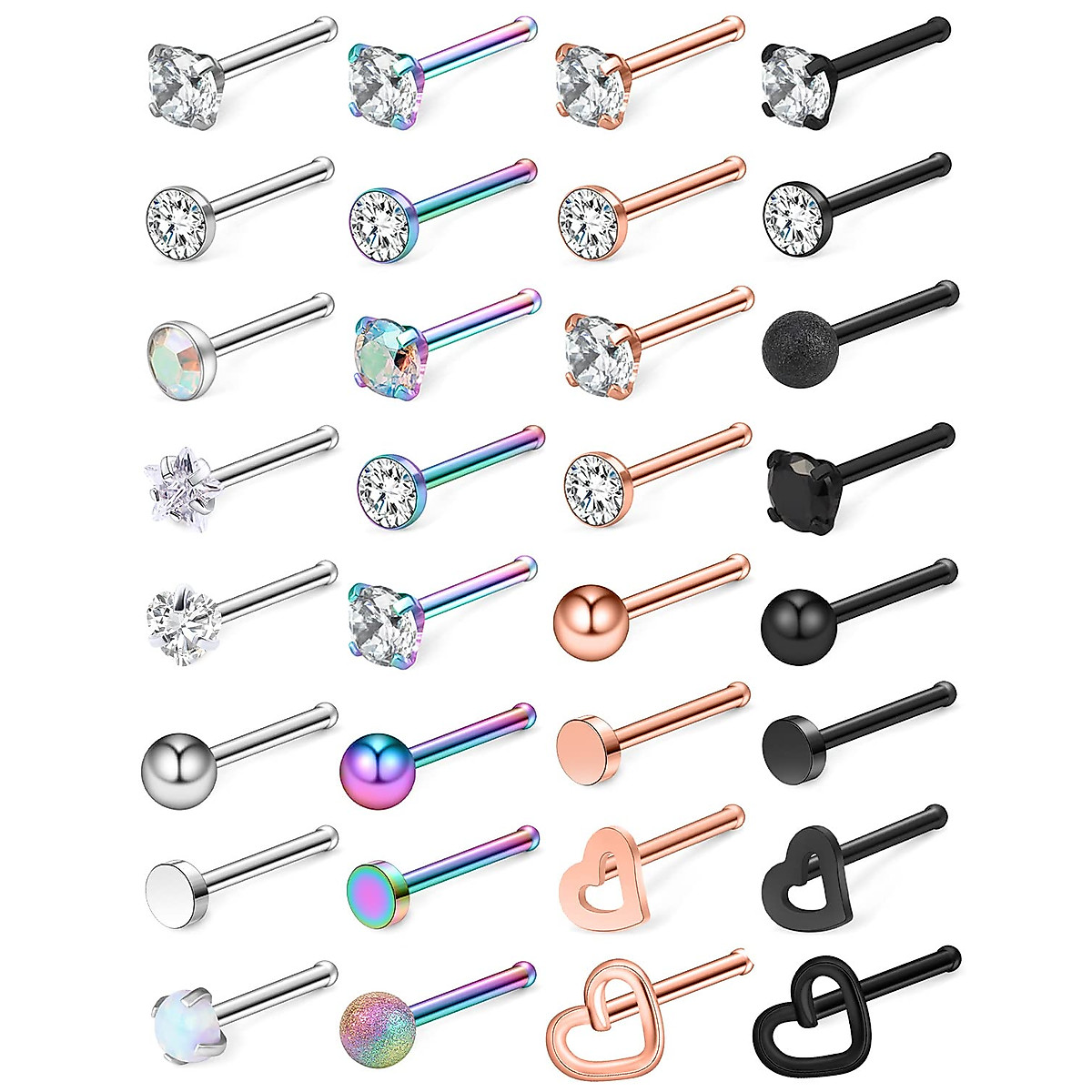 Ocptiy 18G Nose Rings Studs Piercing Jewelry for Women Stainless Surgical Steel Hypoallergenic Straight Nostril Nose Ring Pin Bone Stud Piercing Jewelry Women Men Silver Black Colorful Rose Gold 2MM