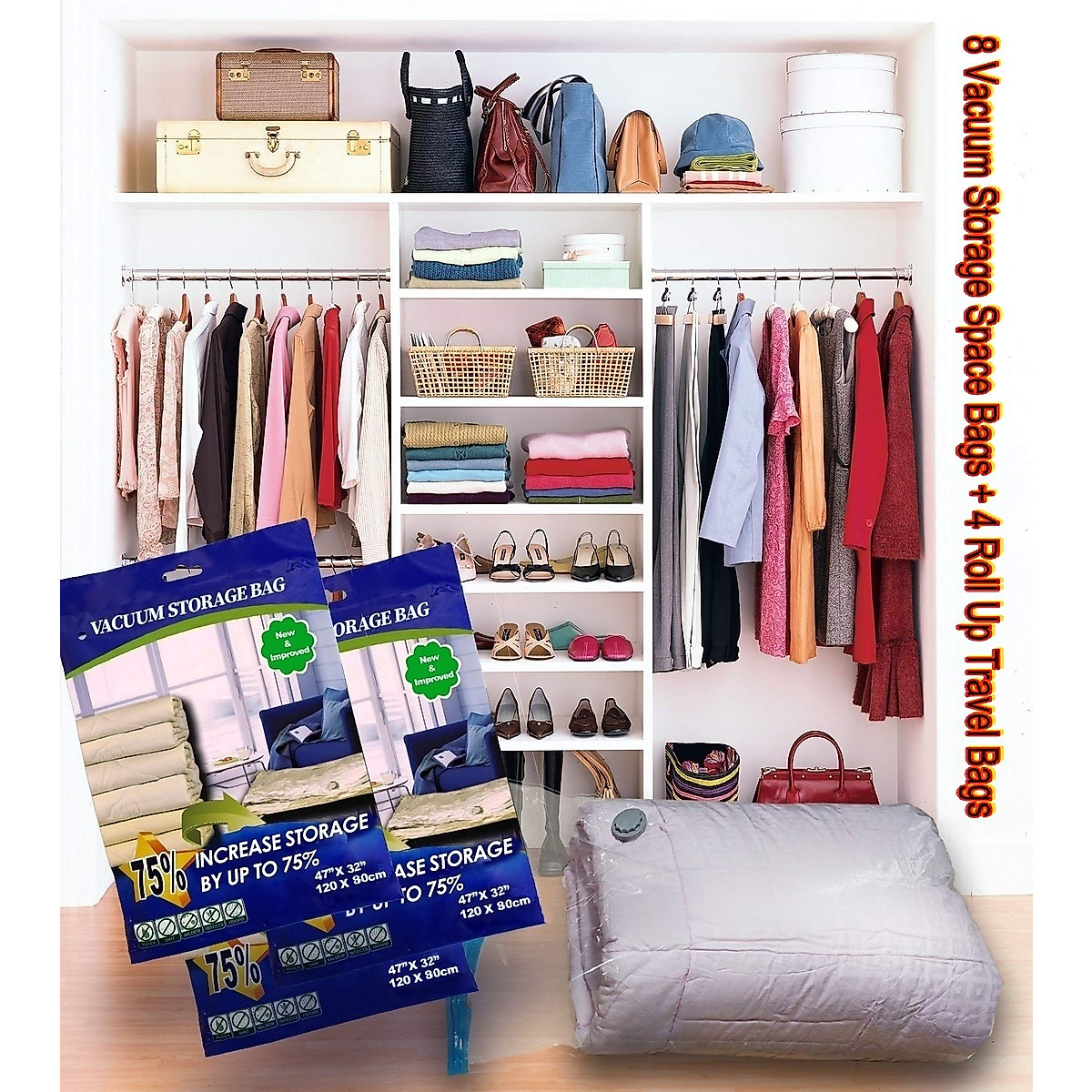 YAWPED 12 Pack Combo Premium Jumbo Extra Large Vacuum Storage Space Saver Bags X8 (47X32 Inch) with Travel Bag X4 (60X40cm)