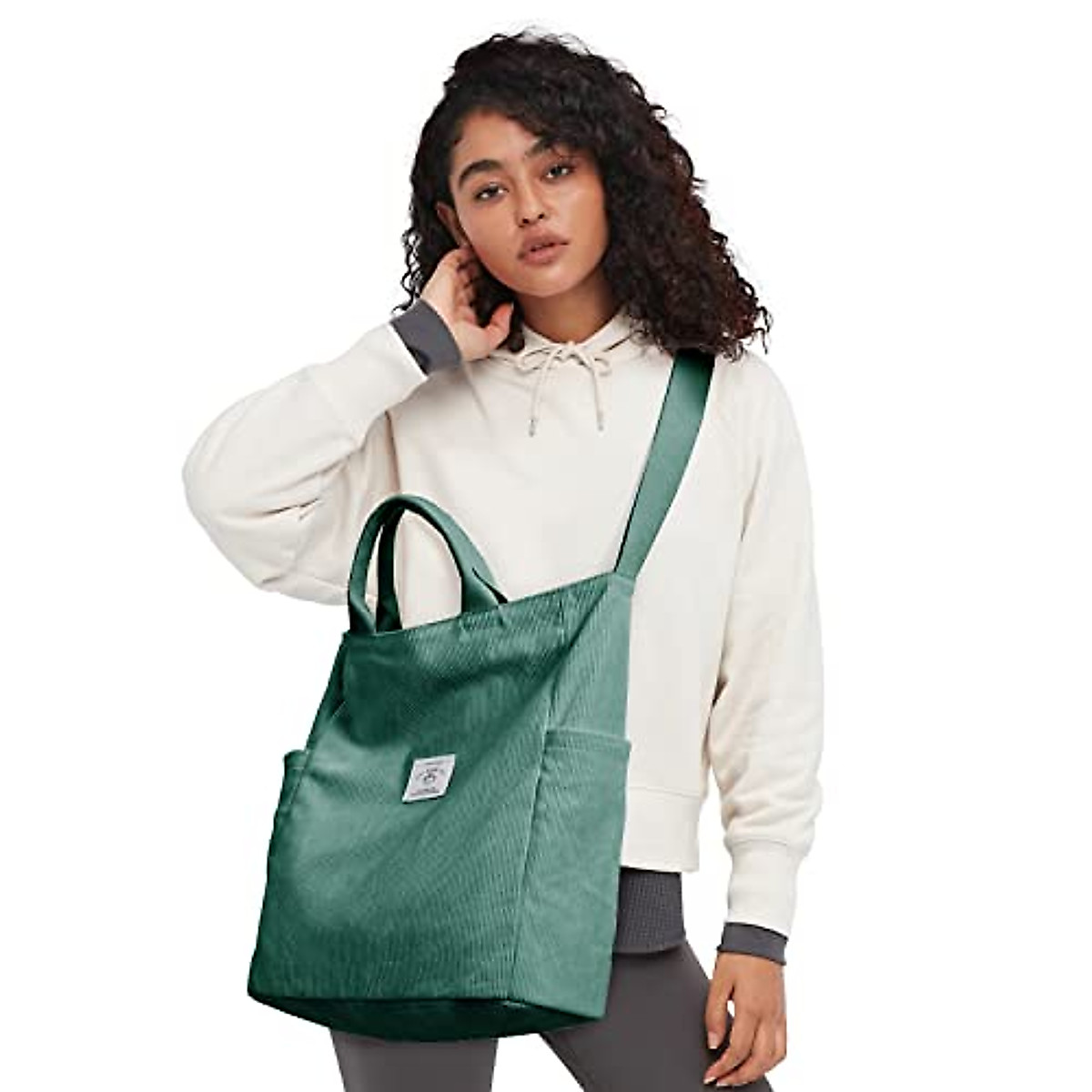 KALIDI Corduroy Tote Bag, Zipper Messenger Bag Shoulder Hobo Anti Splash Crossbody Bag Casual Work Shopping Women Frost Green
