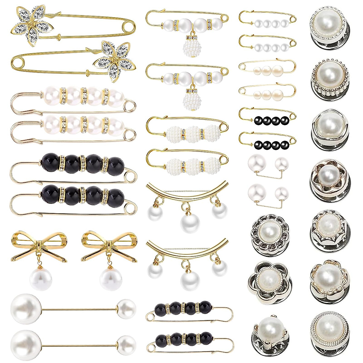 YOGEYOGE 36 Pcs Pearl Brooch Sweater Shawl Hat Safety Pin, Faux Pearl Safety Brooch, Waist Decoration for Women, Tightening Pearl Safety Pin for Women Scarves, Jackets, Tops, Jeans and Dresses
