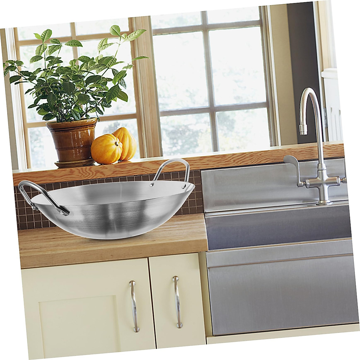 EXQUIMEUBLE Traditional Wok Jaese Bbq Round Baking Outdoor Traditional Chinese Stir Fry Stovetop Fryer Silver Premium Gadget Stainless Steel Wok Pot