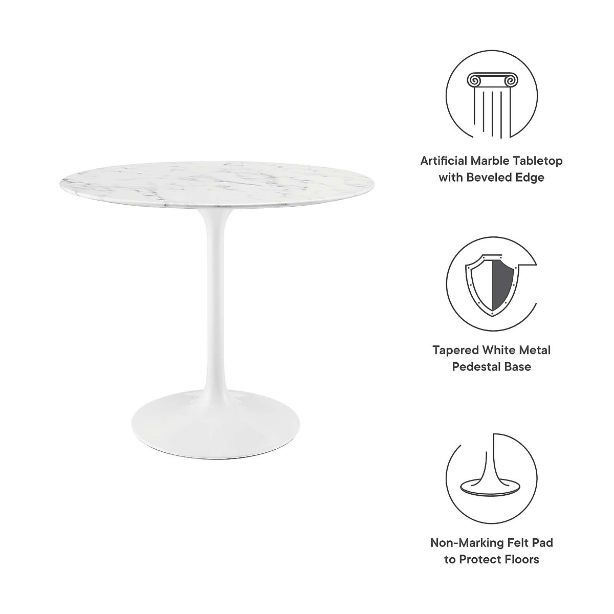 Modway Lippa 36" Mid-Century Dining Table with Round Artificial Marble Top in White