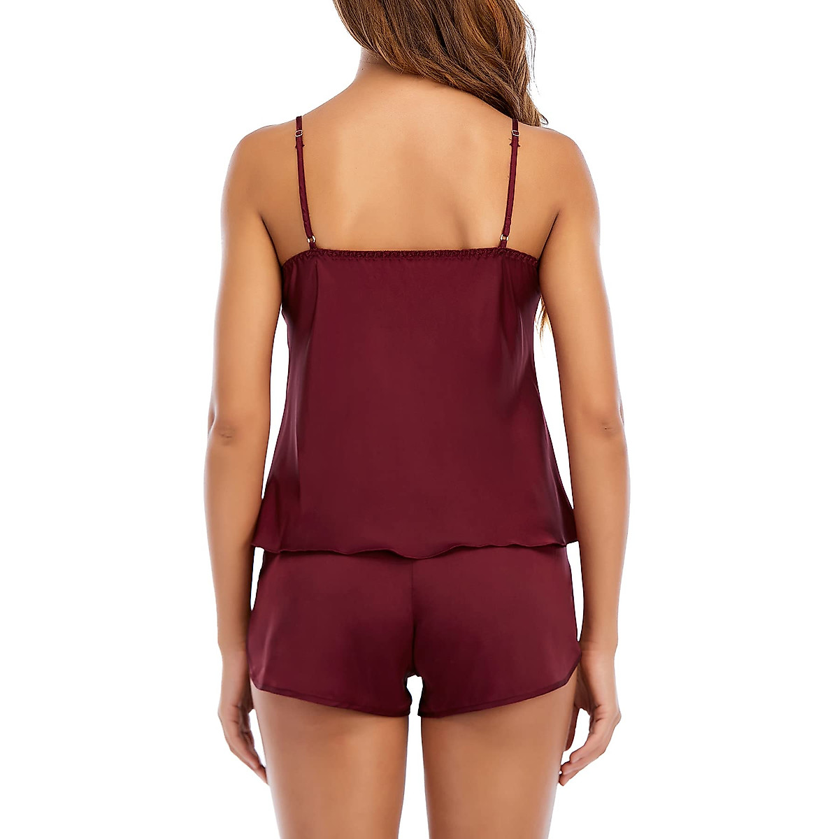 Zando Womens Cami Summer Pajamas Set Shorts Sexy Lingeri Satin Sleepwear Plus Size Lingerie Set Two Piece Sleepwear Satin Shorts Lingerie Set Womens Nightwears Silk PJS Burgundy X-Small