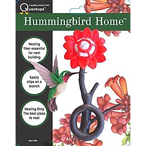 Quackups 5.5" Hummingbird Nesting Home with Nesting Fibers Enclosed in Red Flower, Easily Clips on Branch, Bushes for Outdoor Patio Garden