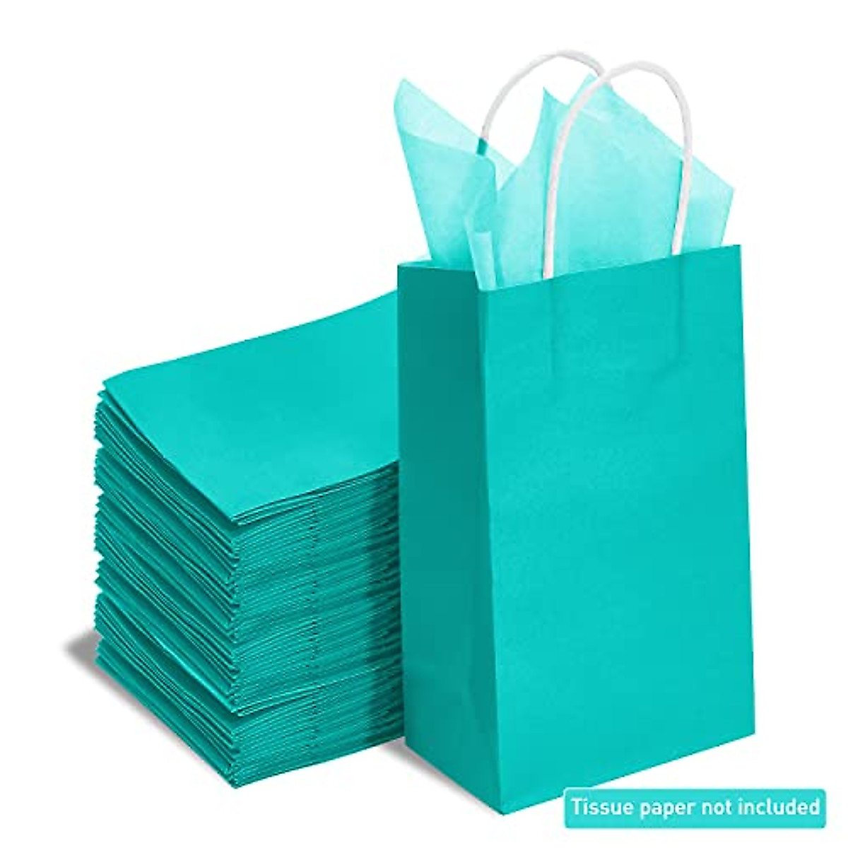 DjinnGlory 100 Pack Small Size Teal Blue Paper Gift Bags with Handles Bulk for Small Business Holiday Birthday Wedding Baby Shower Parties, Shopping Bags(Small 9x5.5x3.15 Inch, Teal)