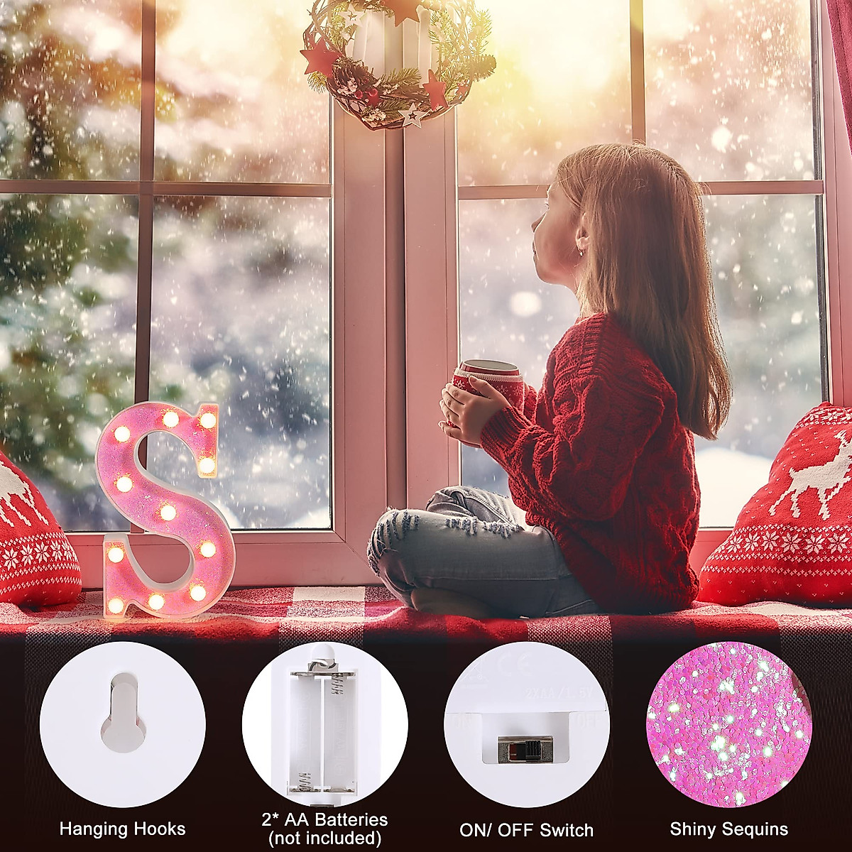 Foaky Pink Light Up Letters,Pink Party Decorations,Glitter Alphabet Letter Sign for Night Light Wedding Birthday Party Christmas Lamp Girls Gifts Home Bar Decoration（A）