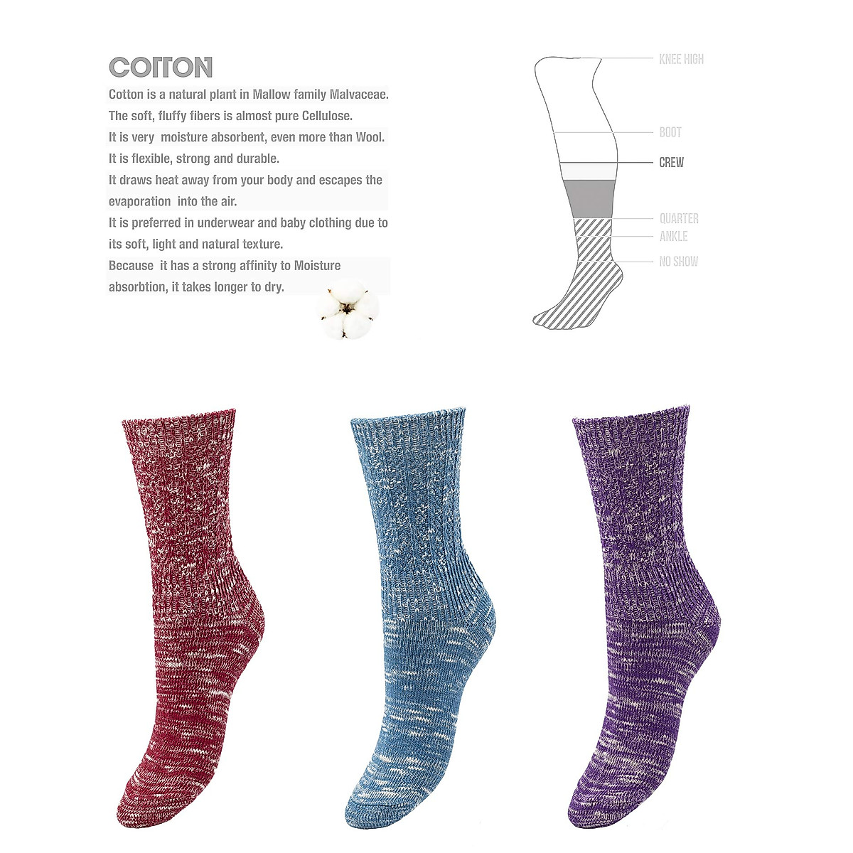 1SOCK2SOCK - Women's Warm Fuzzy Thermal Turkish Cotton Crew Socks - Cold Weather & Hiking (Red-Blue-Purple, Medium)