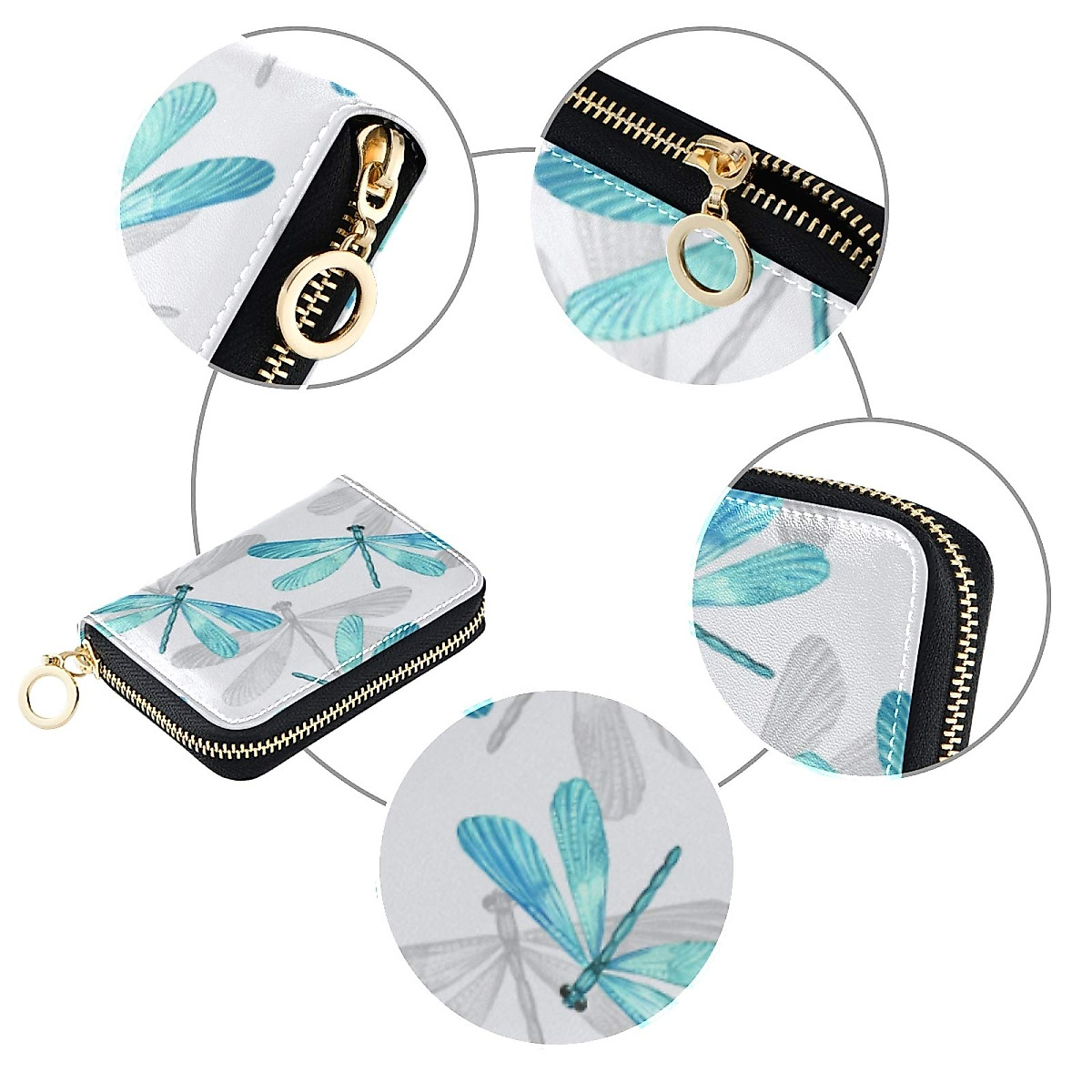 MOYYO RFID Credit Card Holder Case Watercolor Blue Dragonfly Leather Printed Zipper Card Case Wallet for Women Girls