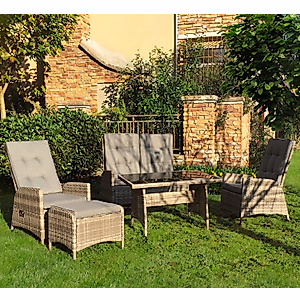 5 PCS Outdoor Furniture Set Patio Conversation Dining Set Outdoor Wicker Loveseat Sofa and Adjustable Highback Recliner Chair with Cushion Ottoman Glass Coffee Table Grey for Outside Porch Deck Lawn