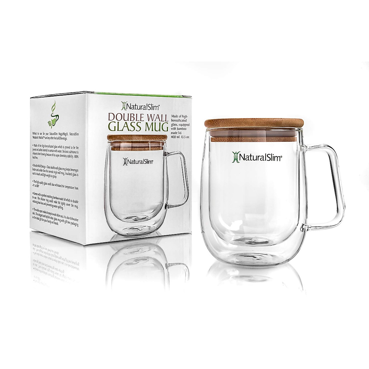 NaturalSlim Double Wall Glass Mug & Metabolic Matcha Green Tea Powder - Borosilicate Clear Drinking Cup Insulated w/Bamboo Lid 13.5 oz. - Japanese Matcha for Metabolism Weight Loss Tea ​30g