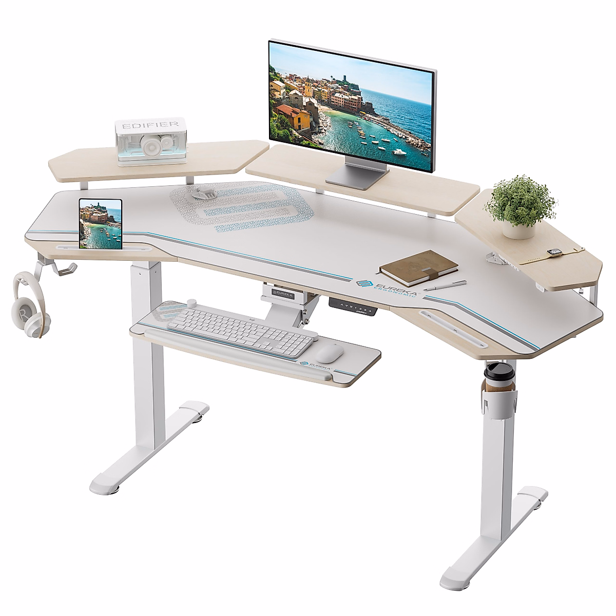 EUREKA ERGONOMIC Standing Desk with Keyboard Tray, Gaming Desk, Wing Shaped Sit Stand Desk 72'' Large Music Studio Desk, LED Convertible Shelves, Dual Motor&Slot, Maple, X-Large (ES71)