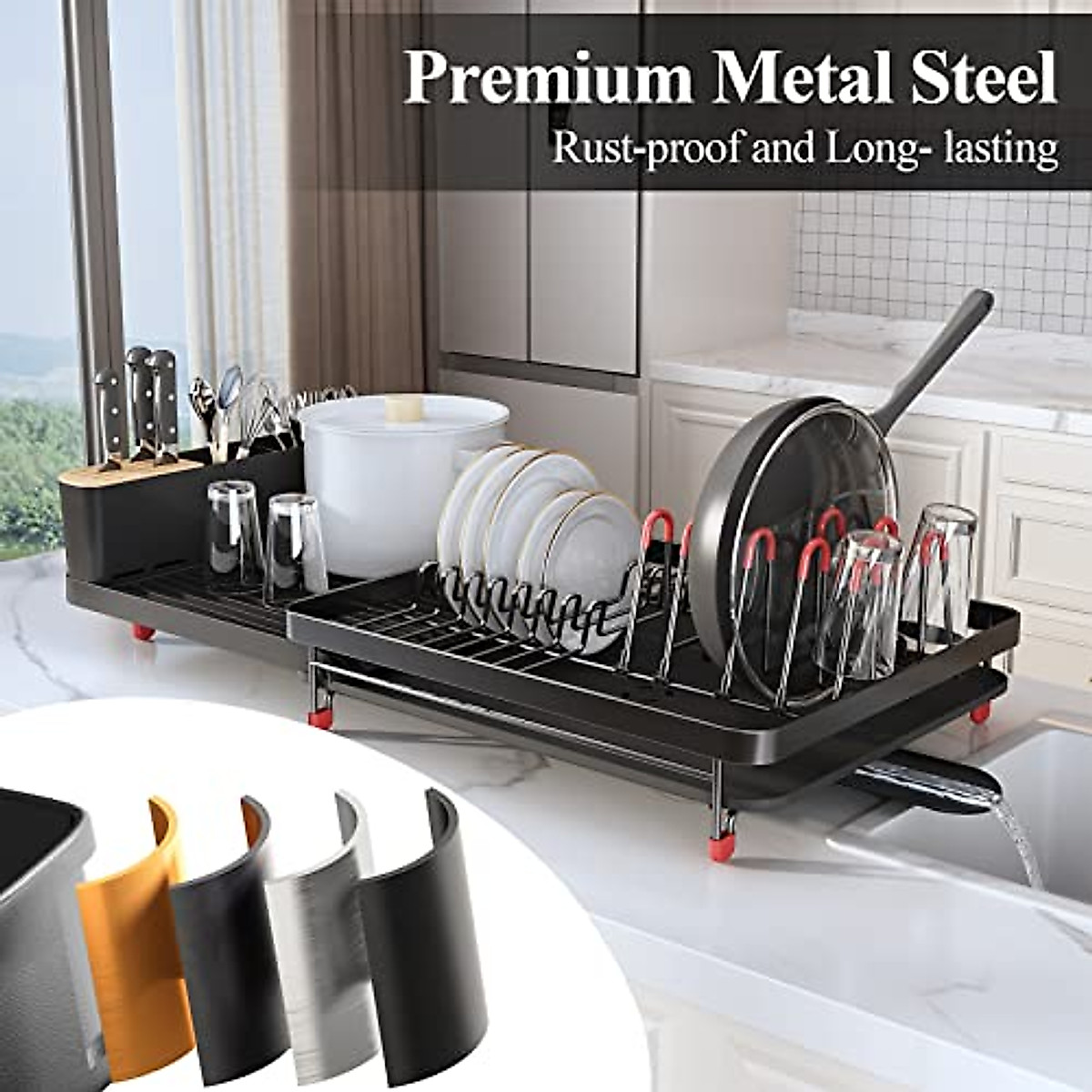 Dish Drying Rack, Expandable Dish Racks for Kitchen Counter, Multifunctional Extra Large Dish Strainers with Cutlery & Pan Holders, Extendable Anti-Rust Dish Drainers with Drainboard for Kitchenware