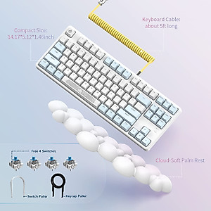 A.JAZZ AK873 Wired 87 Key TKL Mechanical Gaming Keyboard with Rainbow Backlit Hot-swap Tactile Blue Switch NKRO Gasket Ergonomic Cloud Wrist Rest Custom Coiled Aviator Cable for PC/Mac (Blue White)