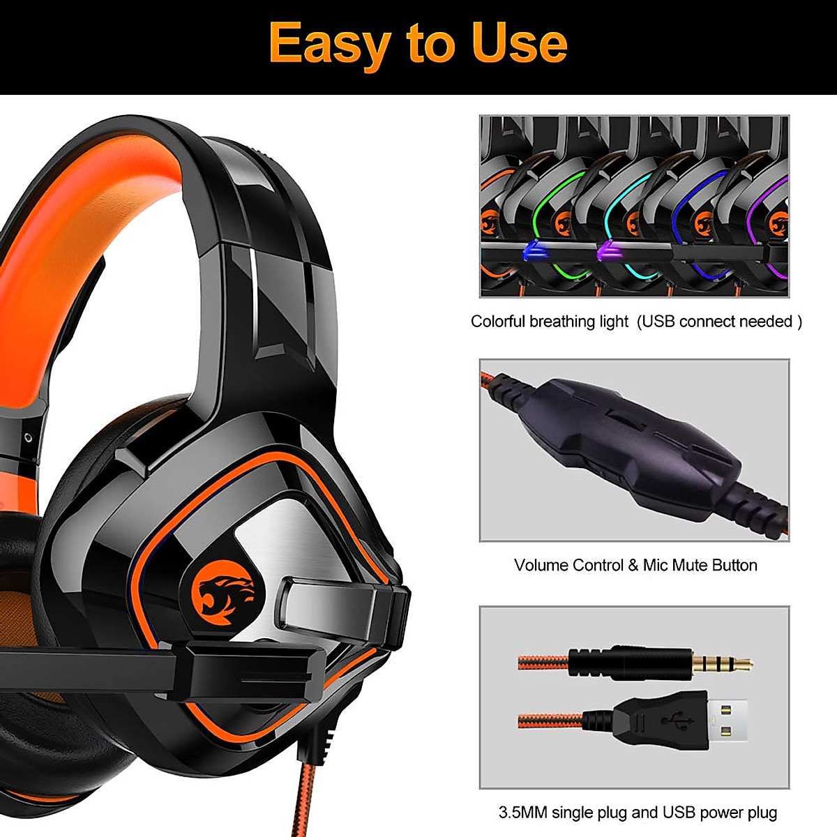 STOGA Professional Gaming Headset with 50MM Comfy Earmuffs, Over Ear Headphones with Noise Canceling Microphone & LED Light, Compatible with PS4, Xbox One, Switch, PC, PS3, Mac, Laptop