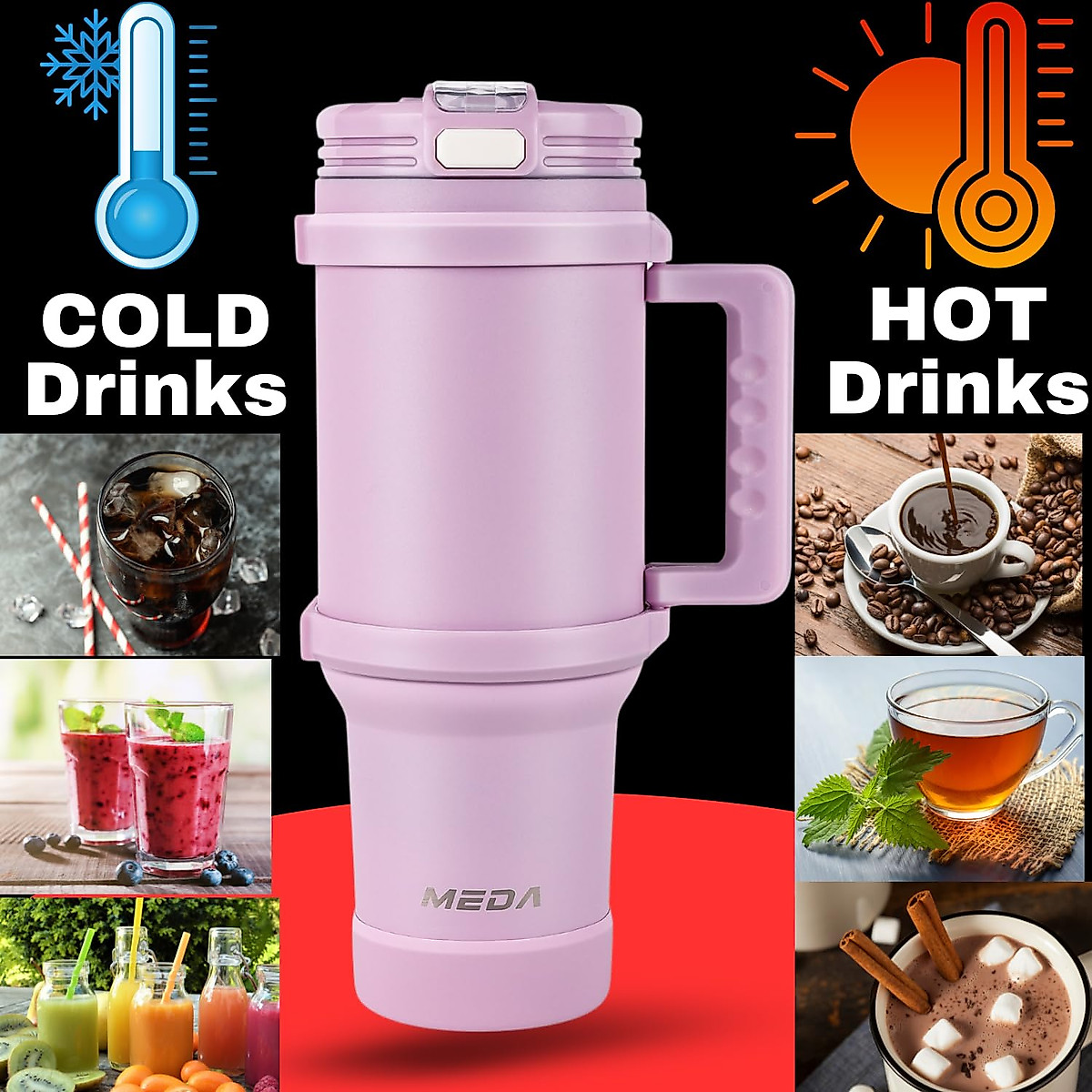 MEDA 40 oz Tumbler with Handle (Foldable) – Insulated, Reusable Stainless Steel Travel Coffee Mug – Perfect for Travel, Water, Iced Tea, Coffee – Ideal Easter Gift (Lilac)