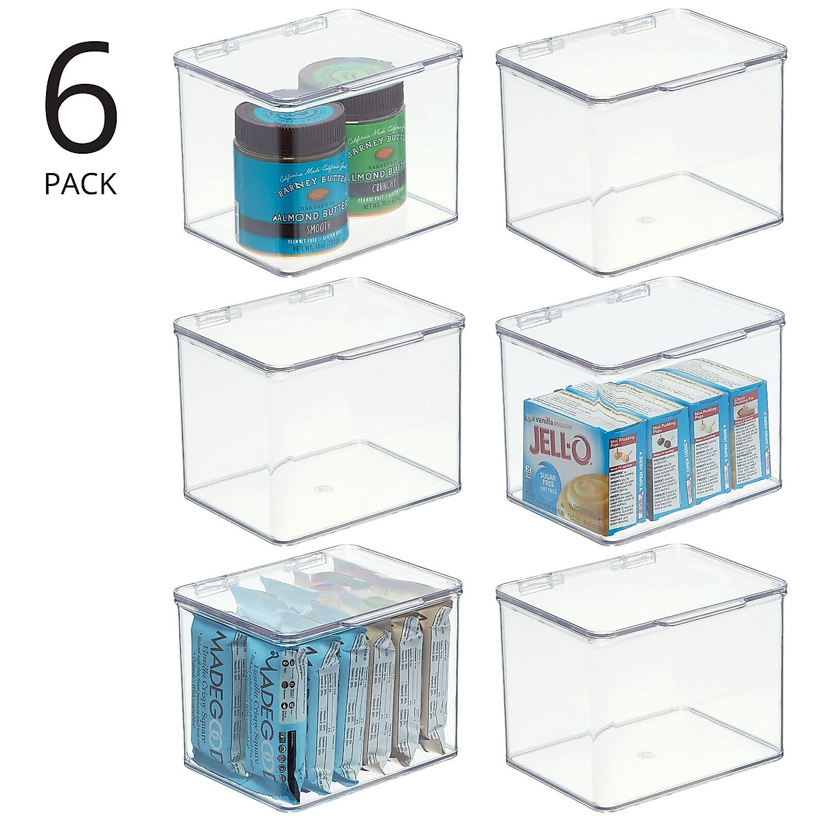 mDesign Plastic Kitchen Pantry and Fridge Storage Organizer Box Containers w/Hinged Lid for Shelves or Cabinets, Holds Food, Snacks, Seasoning, Condiments, Utensils, Lumiere Collection, 6 Pack, Clear