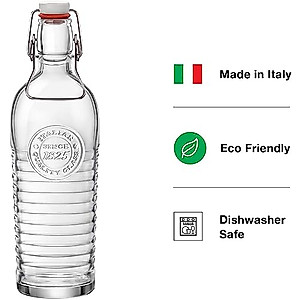 Bormioli Rocco Officina 1825 set or 2 Glass Bottles 37.25 oz, Italian Pitchers, Airtight Seal & Metal Clamp, Easy To Carry Handle, Dishwasher Safe & Eco-Friendly, Safe For Infused & Carbonated Drinks.
