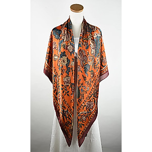 corciova Large Lightweight Women Square Designer Silk Scarf Shawl Pashmina Wrap 53 x 53 Safety Orange Burgundy Florals