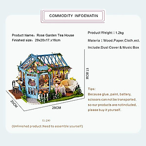 CUTEBEE Dollhouse Miniature House with Furniture, DIY Dollhouse Kit with Dust Proof, Music Movement, 1:24 Scale Creative Room for Valentine's Day Gift for Family and Friends (Rose Garden Tea House)