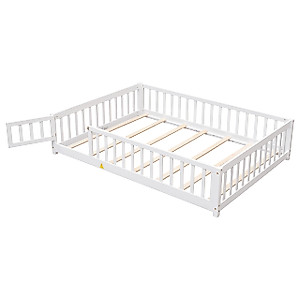 UOCFYK Full Size Floor Bed with Fence and Door for Kids Bedroom,Montessori Wood Floor Bedframe for Boys, Girls,Easy to Assemble,No Box Spring Needed,White