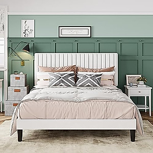 Allewie Full Bed Frame, Velvet Upholstered Platform Bed with Adjustable Vertical Channel Tufted Headboard, Mattress Foundation with Strong Wooden Slats, Box Spring Optional, Easy Assembly, Off-White