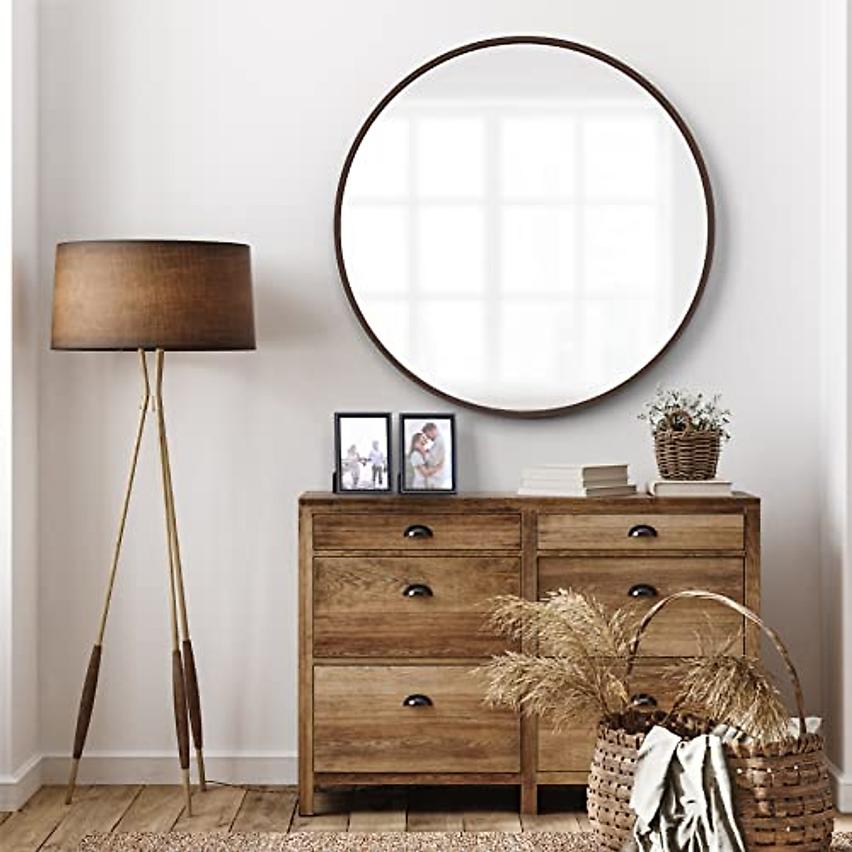 EMI HOME Round Wood Mirror, 30 Inch Diameter Circle Mirror Wood Frame with Two Picture Frames 5x7, Wood Frame Vanity Mirror, Round Wooden Mirror Decor Foyer Living Room, Walnut Woodgrain Finish