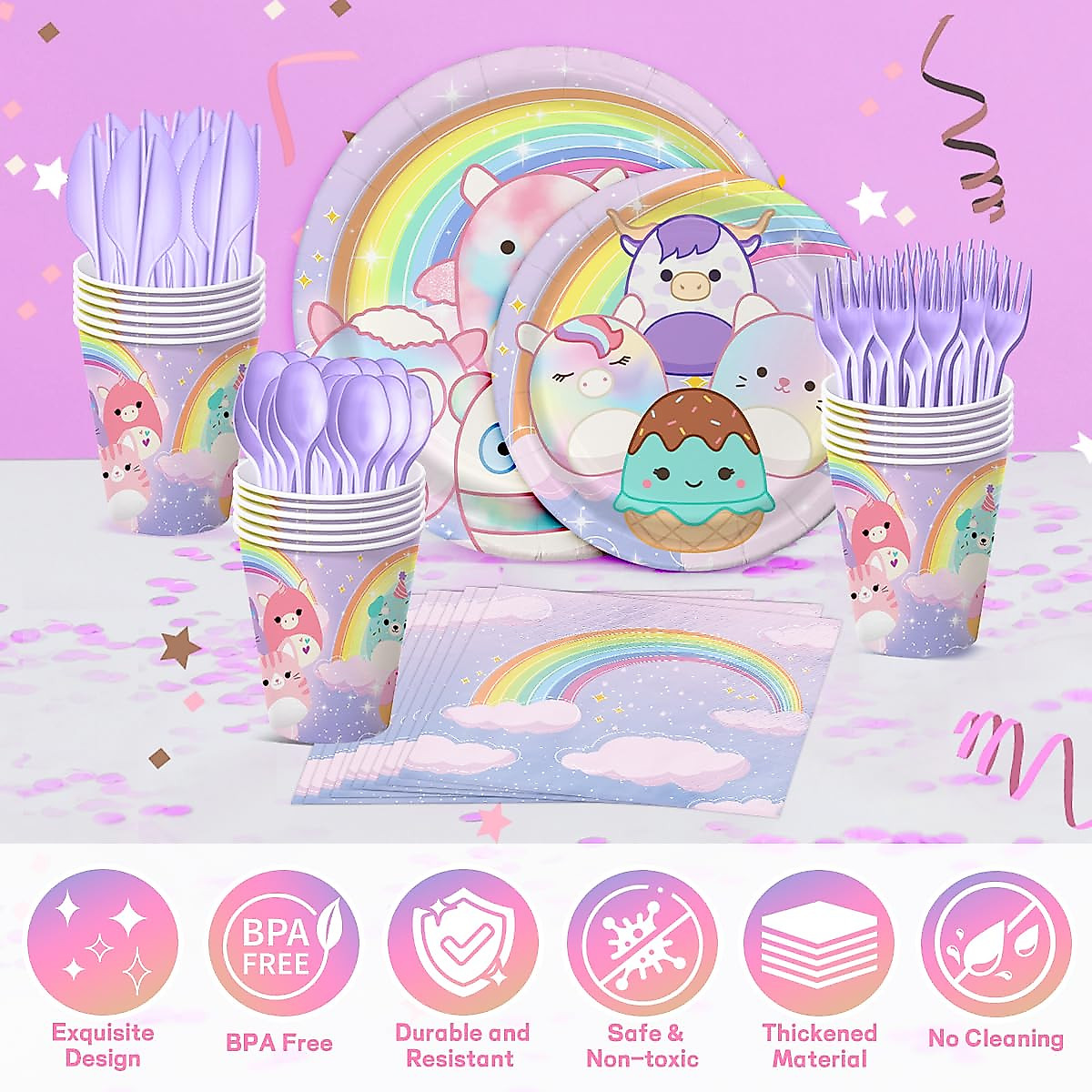 CAILESS Kawaii Squish Birthday Party Supplies, 117Pcs Cute Kitty Animal Party Decoration Include Plates Cups Napkins Cutlery Tablecloth Disposable Set Serves 16 Guests for Kids Birthday Party