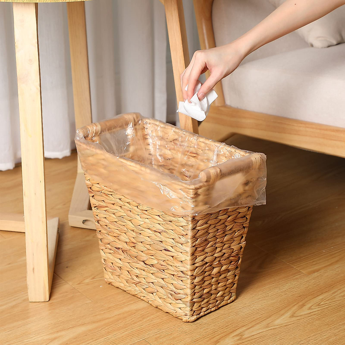 Eaasty 2 Pcs Wicker Waste Basket Woven Wicker Trash Can Bathroom Wastebasket with Wooden Handle for Bedroom Storage 12.8 x 7.6 x 12.4 Inch(Brown)
