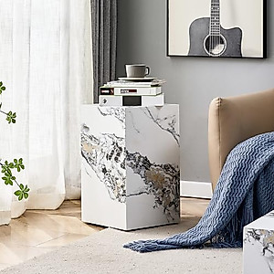 HESIEU Accent Table Side Table with Faux Marble Pattern Modern White Coffee Table Cube Stylish Accent Center Table Cocktail Table Marble Nightstand for Living Room Bedroom Office Dining Room