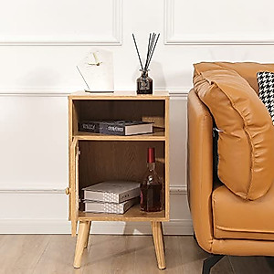 Xilingol Rattan Nightstand Set of 2, Boho Side Table with Handmade Rattan Decorated Door, Mid-Century Modern Nightstand with Open Storage Shelf for Bedroom, Living Room, Natural