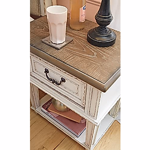 Signature Design by Ashley Realyn Traditional Cottage 1 Drawer Nightstand with Dovetail Construction & Open Display Shelf, Chipped White, 27" Tall, Distressed Brown