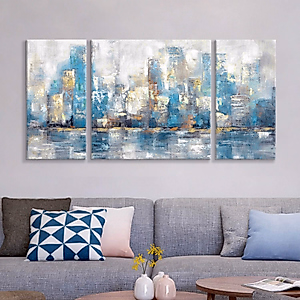 Contemporary Wall Art Abstract Picture Blue Modern City Painting Artwork Hand Painted Modern Canvas Living Room (24'' x 24'' + 24'' x 12'' x 2 Panels)