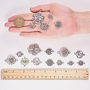 SUNNYCLUE 1 Box 60pcs Assorted Connector Charms Flower Tree of Life Charms Dream Catcher Antique Silver Chakra Heart Linking Connectors Charm for Jewelry Making Charms DIY Craft Supplies Accessories