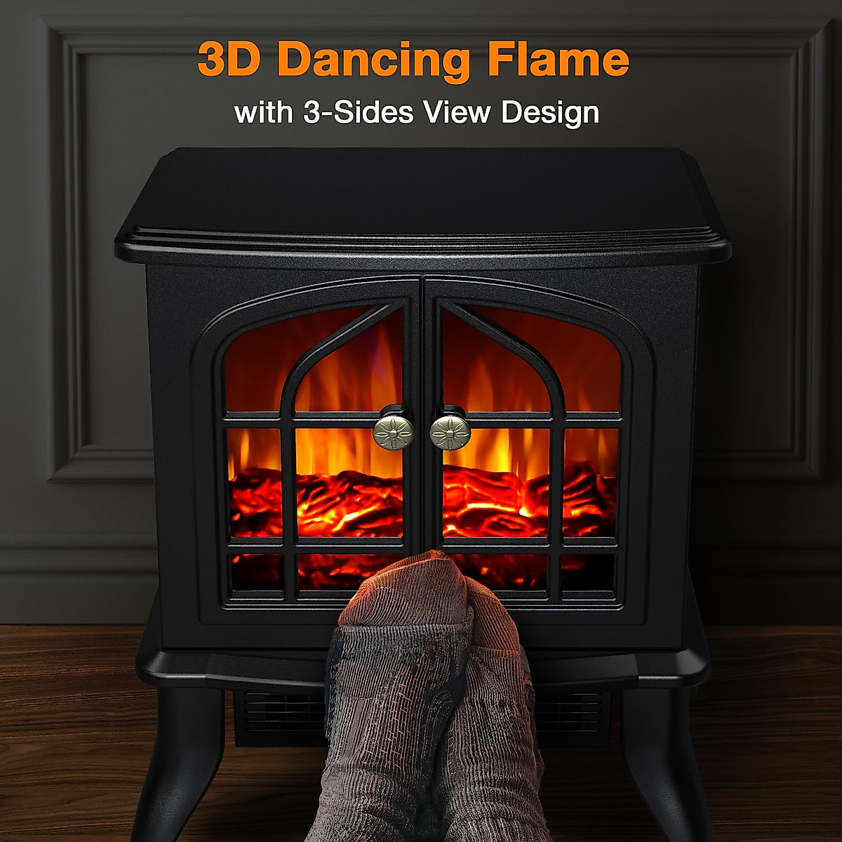 Airchoice Electric Fireplace Heater, Infrared Space Heater with 3s Fast Heating, 1500W 750W 2 Modes, 3D Flame Effect, Overheat Protection, Upgraded 3 Sides Wider View, Quiet Freestanding Stove