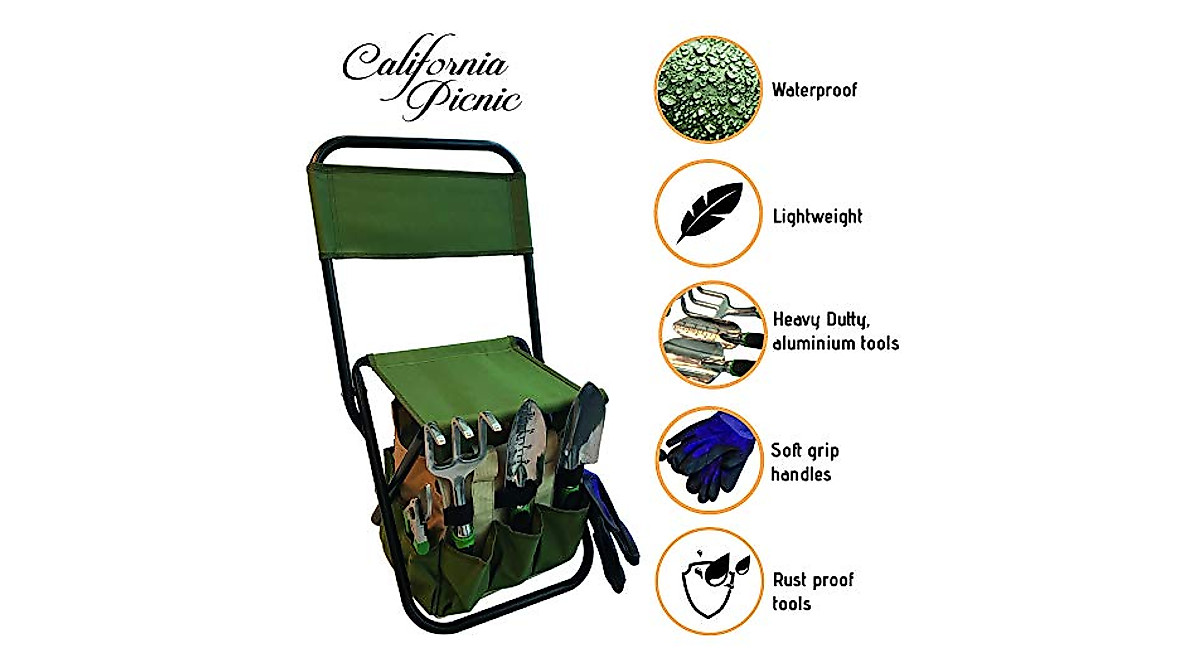 Garden Tool Set Organizer with Folding Stool & Aluminum Tools