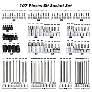 Mayouko 107 Pieces Bit Socket Set, 1/4", 3/8" and 1/2" Drive, Torx/Extra Long Torx/Tamper Proof Torx/Hex/Ball End Hex, SAE/Metric, S2 Steel Bits