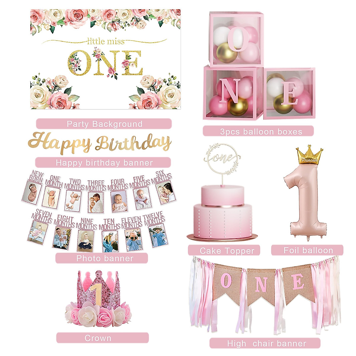Baby Girl 1st Birthday Decorations , Baby First Birthday Supplies for Girl,Including Balloon Boxes, Pink Gold Balloons Garland Arch Kit，Party Backdrop, High Chair Banner, Crown, Photo Banner