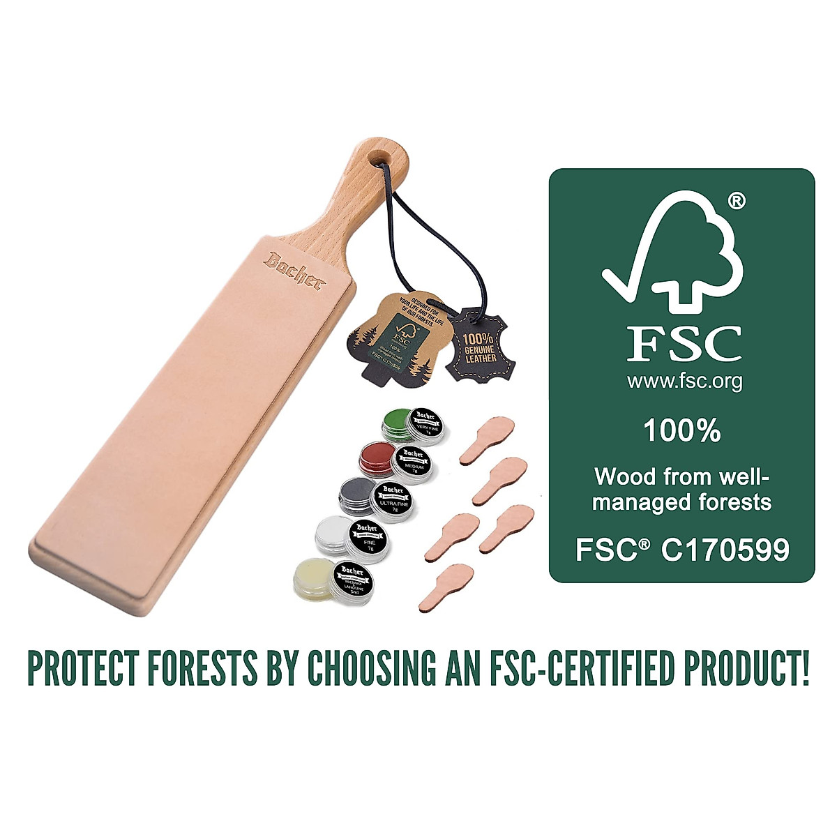 Bacher Premium Leather Strop for Knife Sharpening with Polishing Compound - Double Sided Stropping Leather – Stropping Kit: Knife Strop and Stropping Compound for Wood Carving and Woodworking