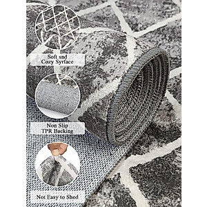 Trellis Washable Round Area Rug - Grey 4ft Round Rug Non-Slip Distressed Design Small Bedroom Circle Rug Non-Shedding Sofa Carpet for Bedroom Living Room Kitchen