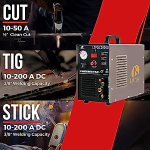 LOTOS LTPDC2000D Non-Touch Pilot Arc Plasma Cutter Tig Welder and Stick Welder 3 in 1 Combo Welding Machine,½ Inch Clean Cut,Brown