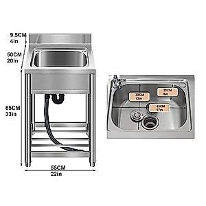 Single Bowl Stainless Steel Standing Sink, Kitchen Sink, Commercial Sink, Small Utility Sink, Portable Hand Washing Sink for Kitchen, Dining Room, Garage Bar, Laundry Room (Color : Type A, Size : 55