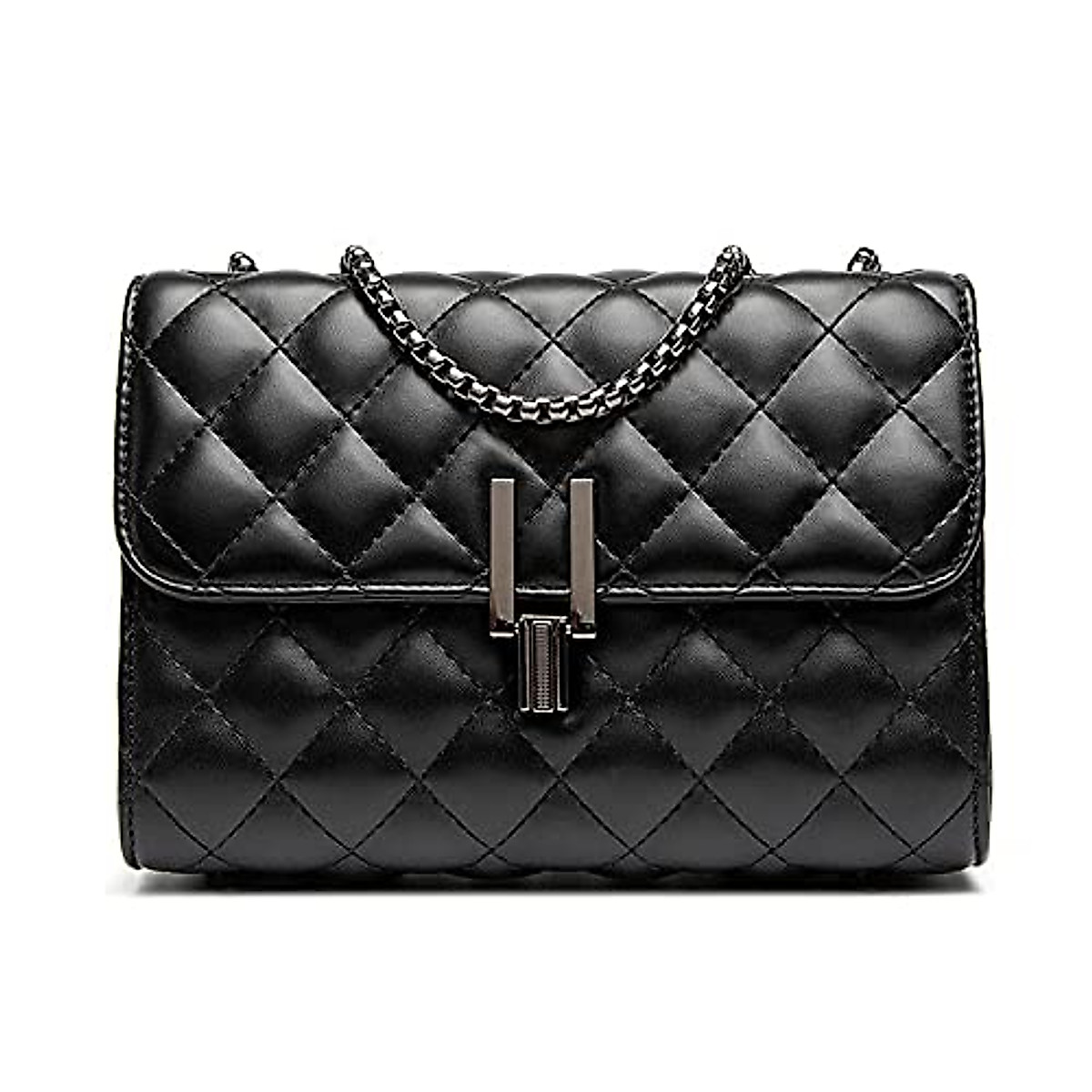 Bella Luna Quilted Faux Leather Crossbody Purse or Shoulder Bag for Women with Flap Handbag and Chain Strap | Black | Gray Chain | Small