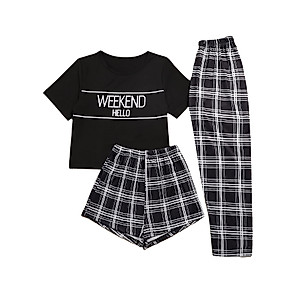 Verdusa Women's 3 Piece Plaid Print Pajama Sets Tee Top and Shorts Pants Pj Set Black S