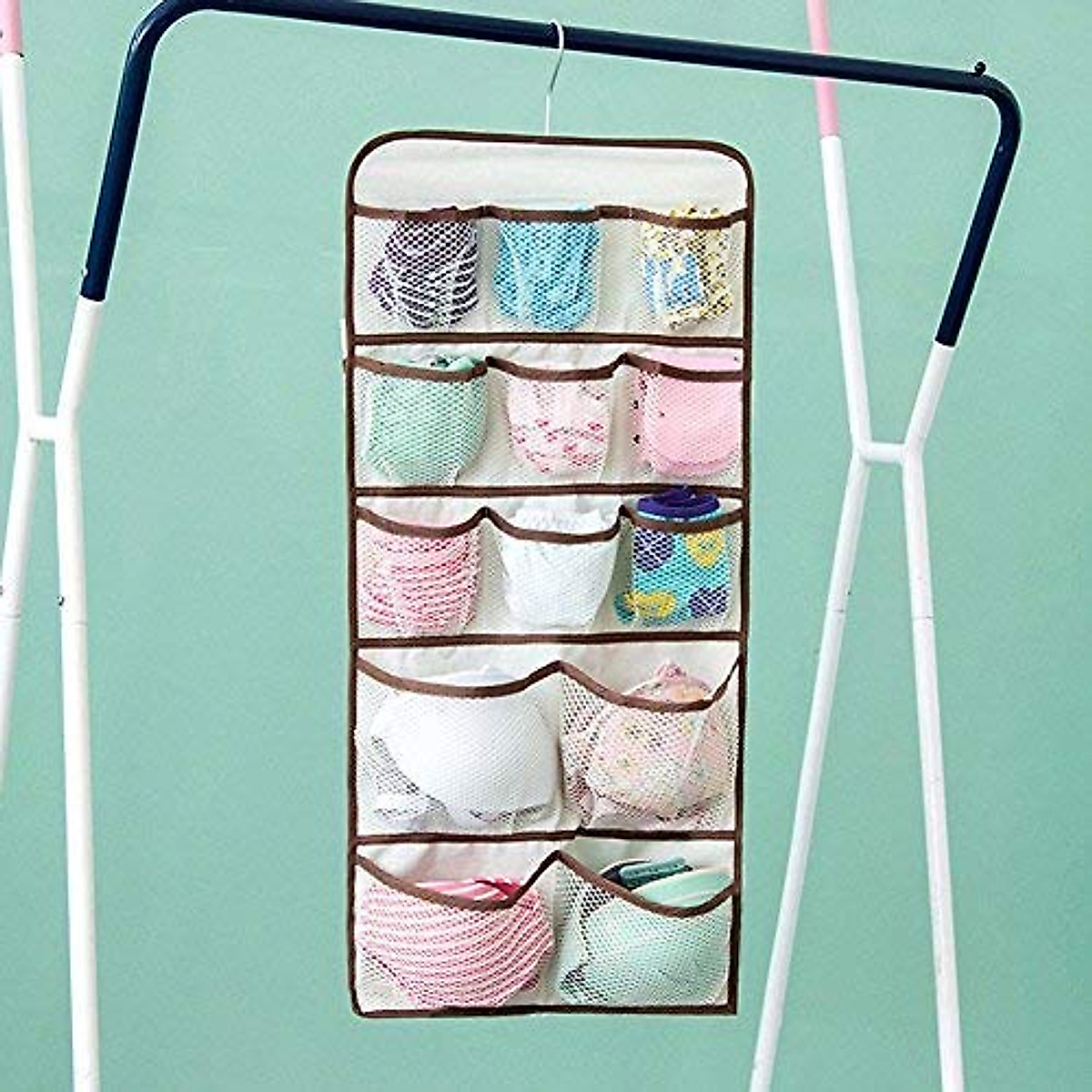 Double Sided 30 Pockets Hanging Underwear Organizer for Underwear, Stocking, Toiletries Accessories, Bra, Sock, Mesh Pockets & Rotating Metal Hanger