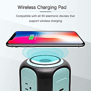 Power Strip Tower Wireless Charger, SUPERDANNY Surge Protector Tower, 10A 1080J Charger Station with 9 Outlets & 4 USB Ports, Extension Cord 10ft for Laptop Phone Black and Blue